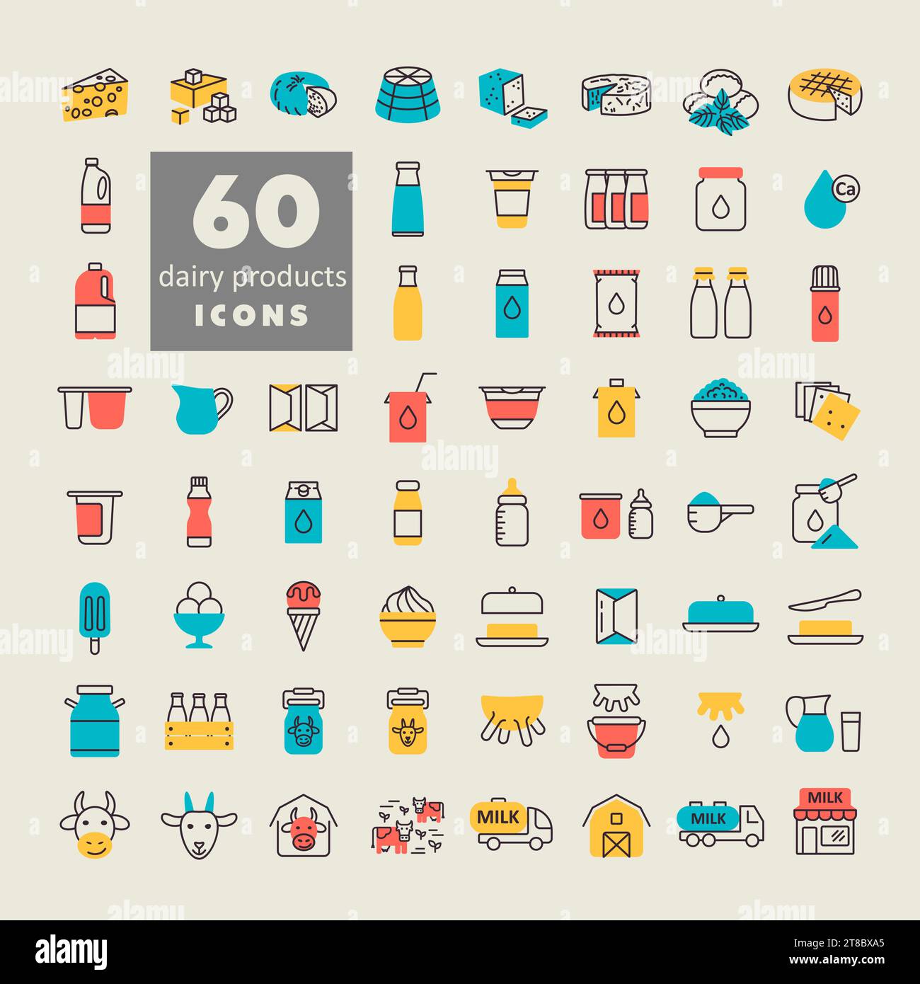 Milk, dairy products vector icon set. Graph symbol for cooking web site ...