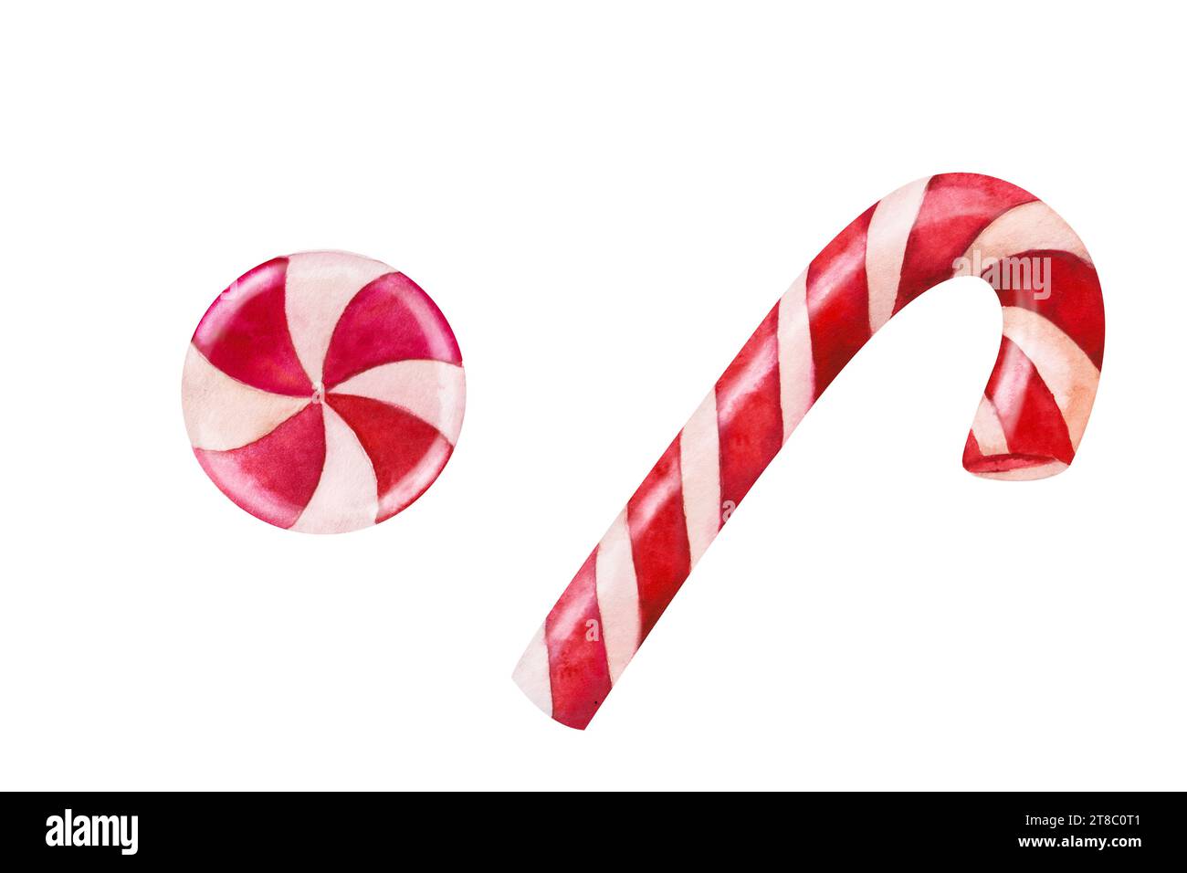 Christmas candy canes and lollipops collection on white, watercolor ...