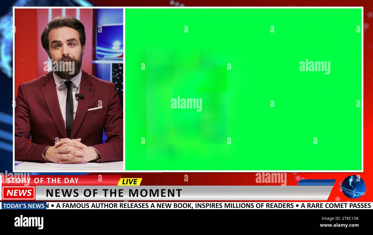 Journalist gives news with greenscreen on live television program ...