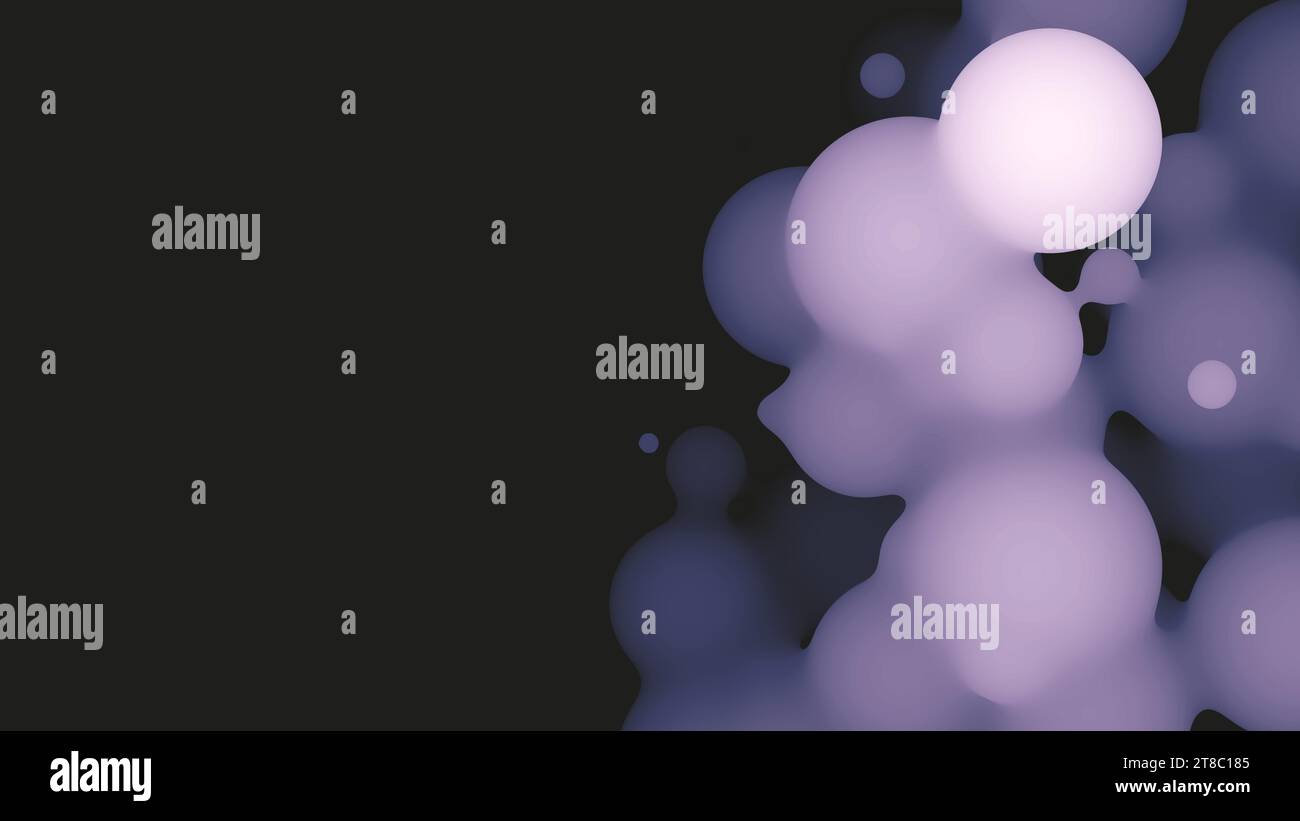 Abstract 3d fluid metaball shape with violet balls. Synthwave liquid pastel organic droplets ...