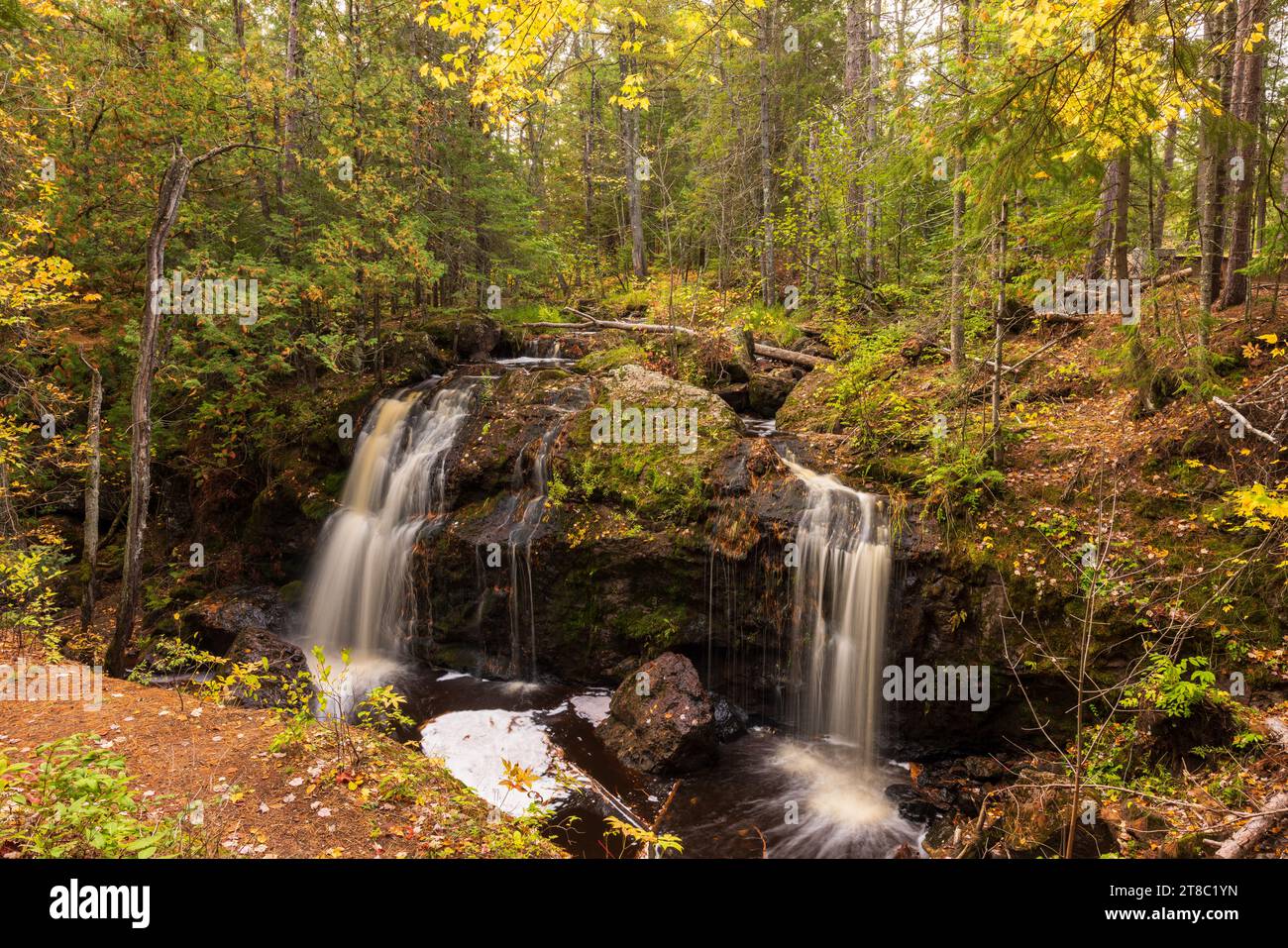 A split waterfall on a creek in the woods during autumn Stock Photo - Alamy