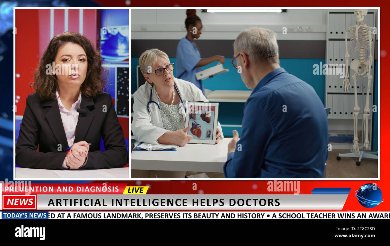 Presenter reporting healthcare news developed by artificial ...