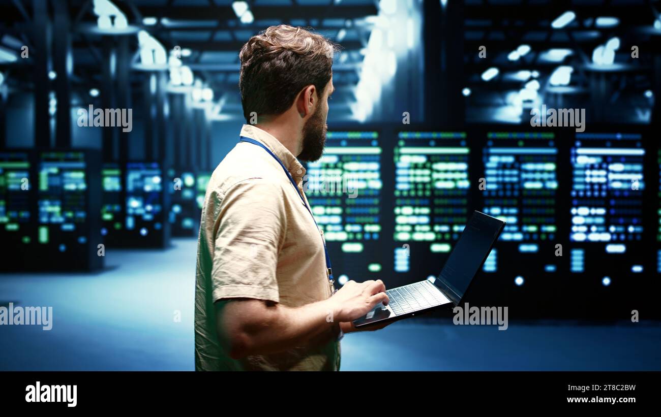 Administrator checking event logs and diagnostic tools to identify ...