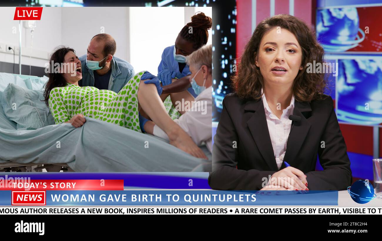 Newscaster doing reportage of new mother giving birth to five children ...