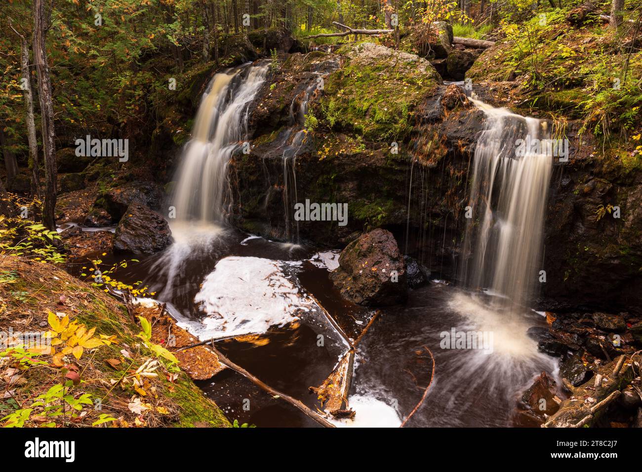 A split waterfall on a creek in the woods during autumn Stock Photo - Alamy