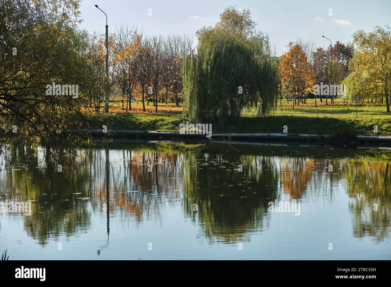 Autumn foliage is reflected in the river. Riverside environmnet of ...