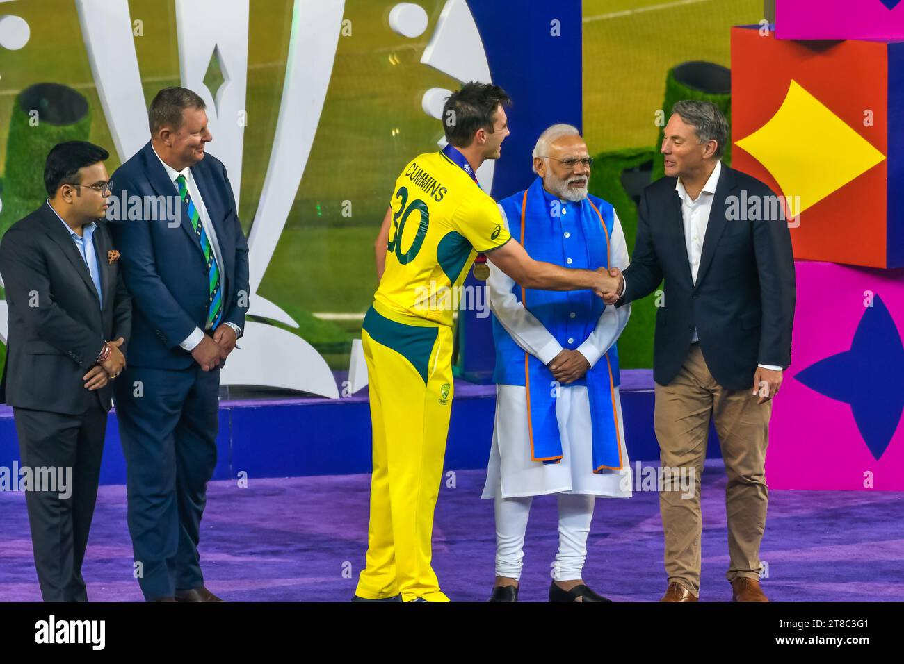 Ahmedabad, Gujarat, India. 19th Nov, 2023. Australian players celebrate ...