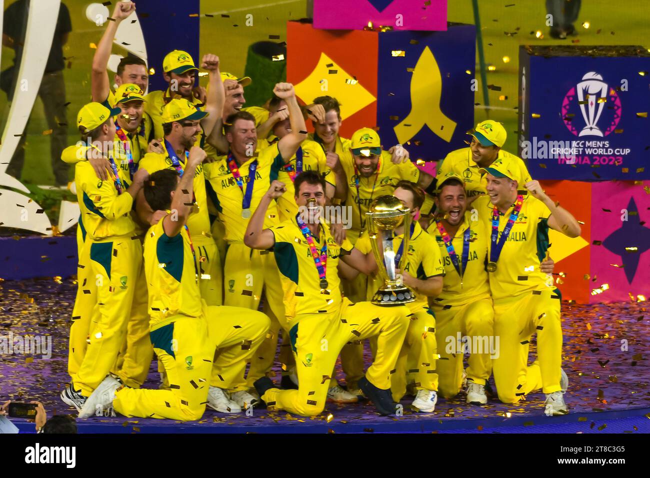Ahmedabad, Gujarat, India. 19th Nov, 2023. Australian players celebrate ...