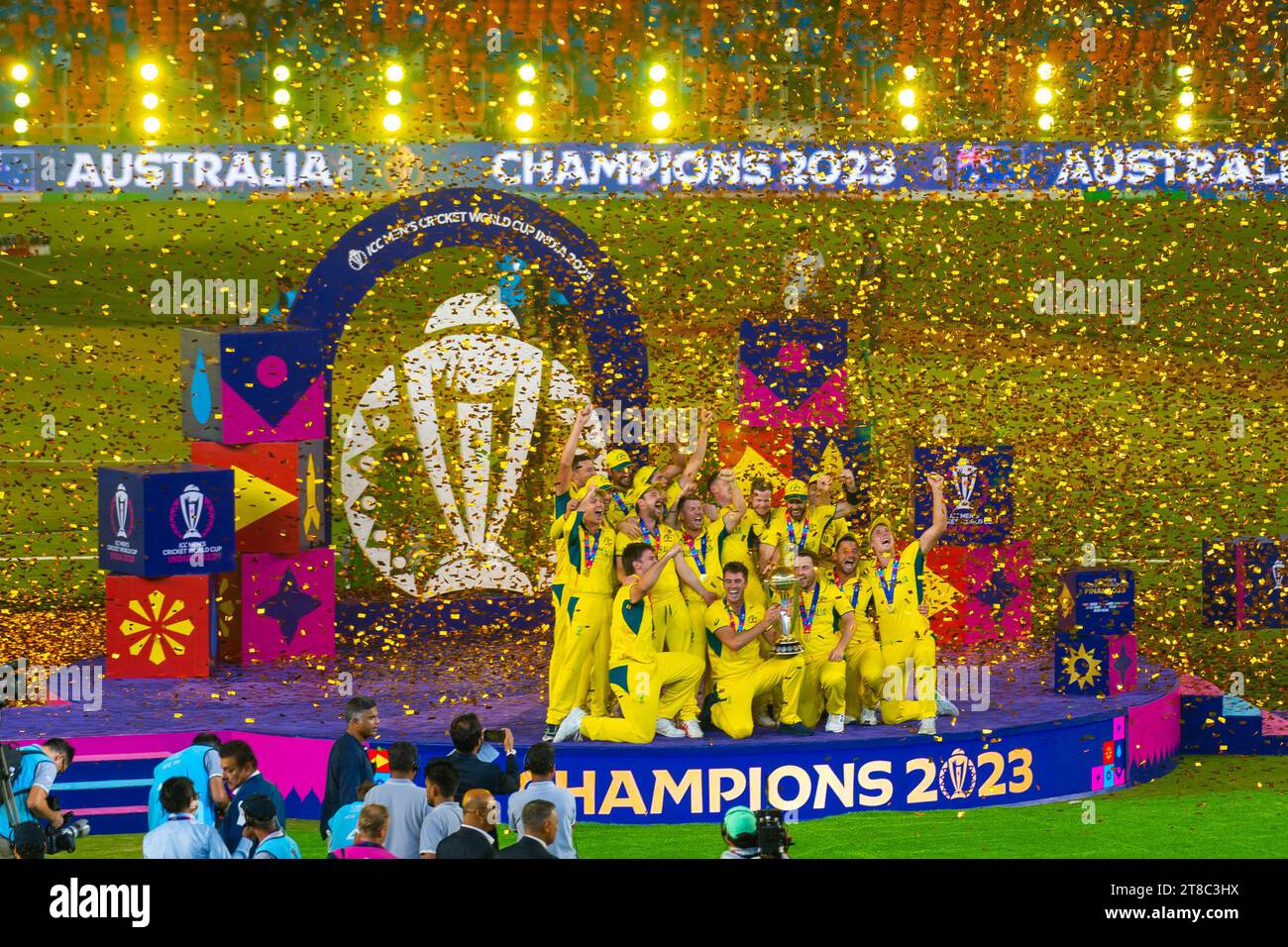 Ahmedabad, Gujarat, India. 19th Nov, 2023. Australian players celebrate ...