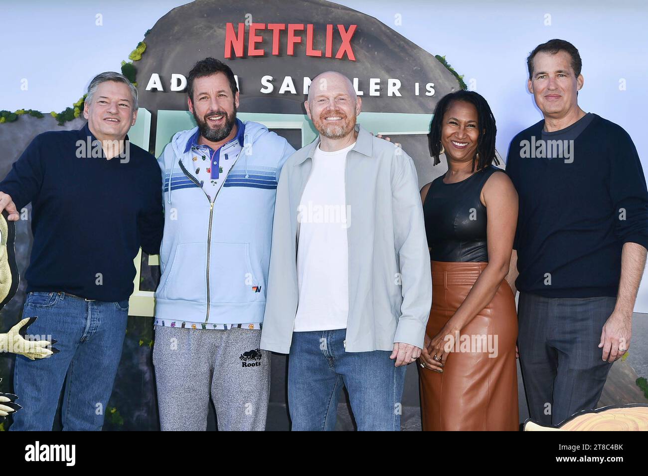 Ted Sarandos, from left, Adam Sandler, Bill Burr, Karen Toliver, Scott ...