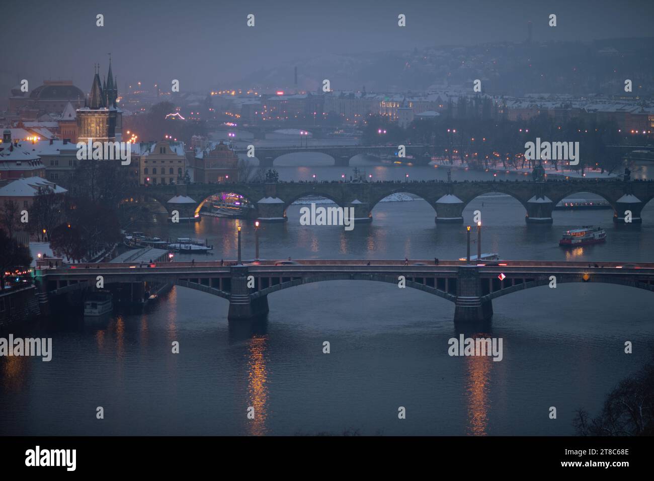 landscape in winter in Prague, Czech Republic with Vltava river at ...