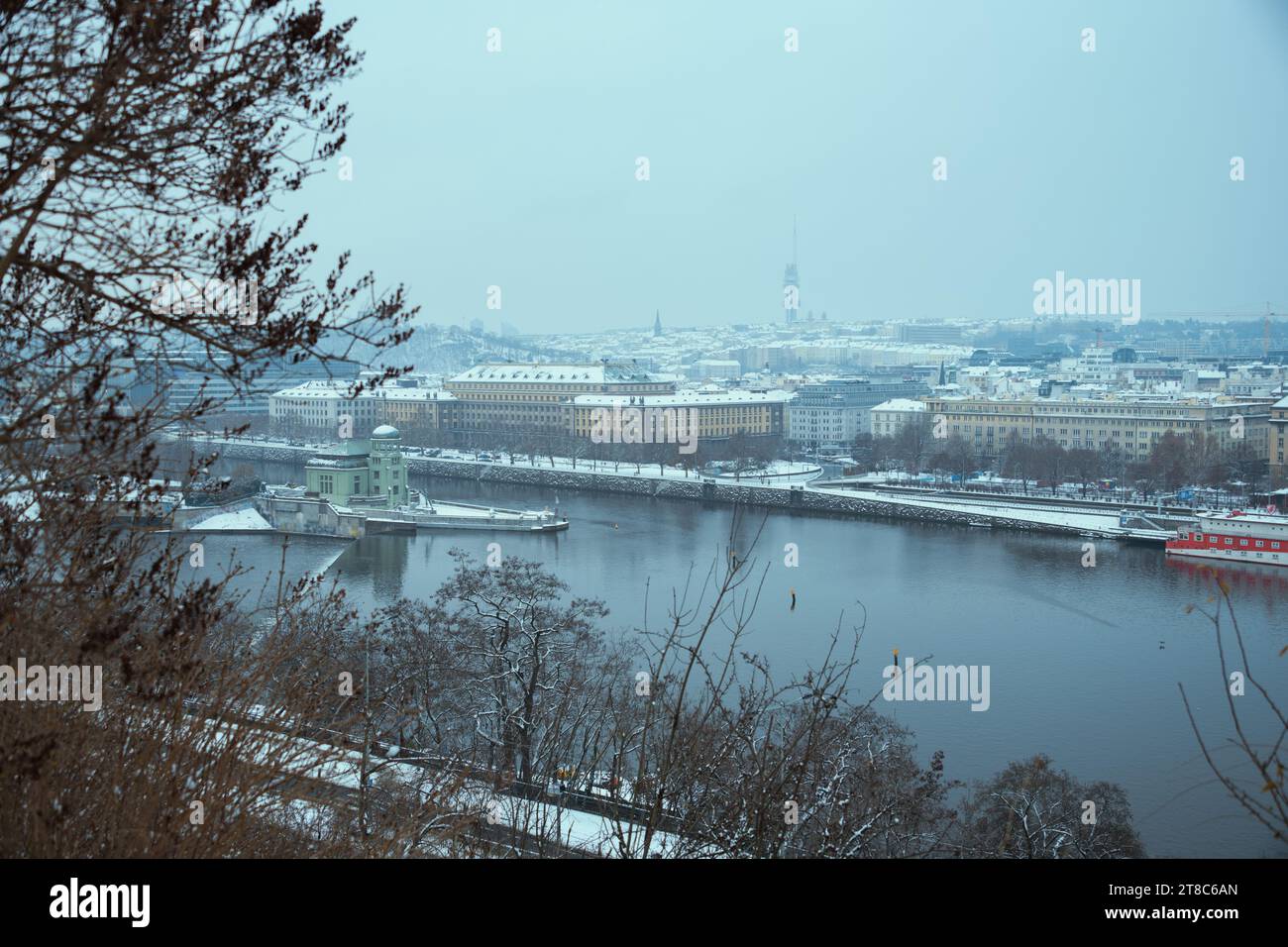 landscape in winter in Prague, Czech Republic with Vltava river and ...