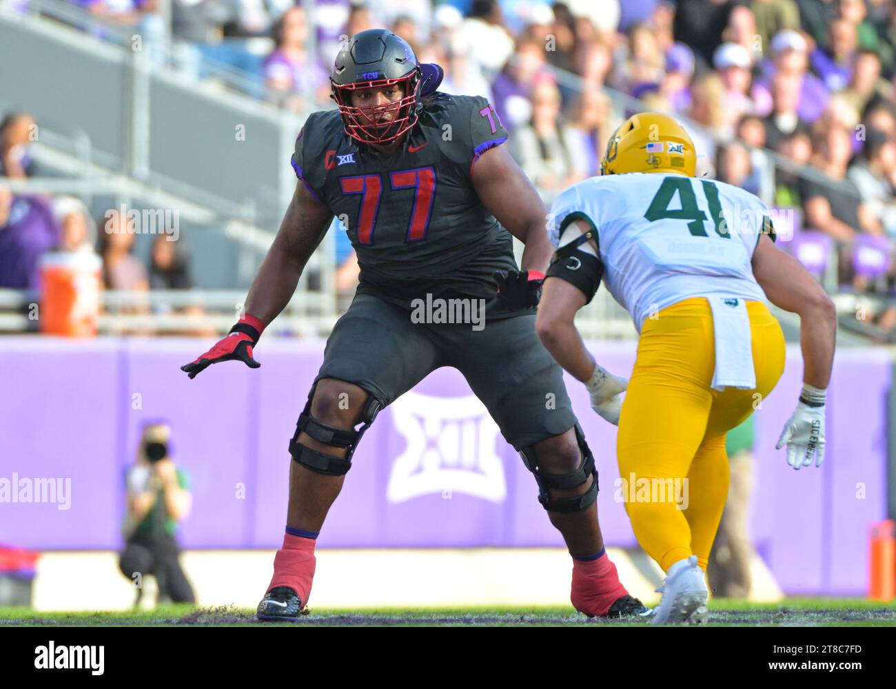 Fort Worth, Texas, USA. 18th Nov, 2023. TCU Horned Frogs offensive lineman Brandon Coleman (77 ...