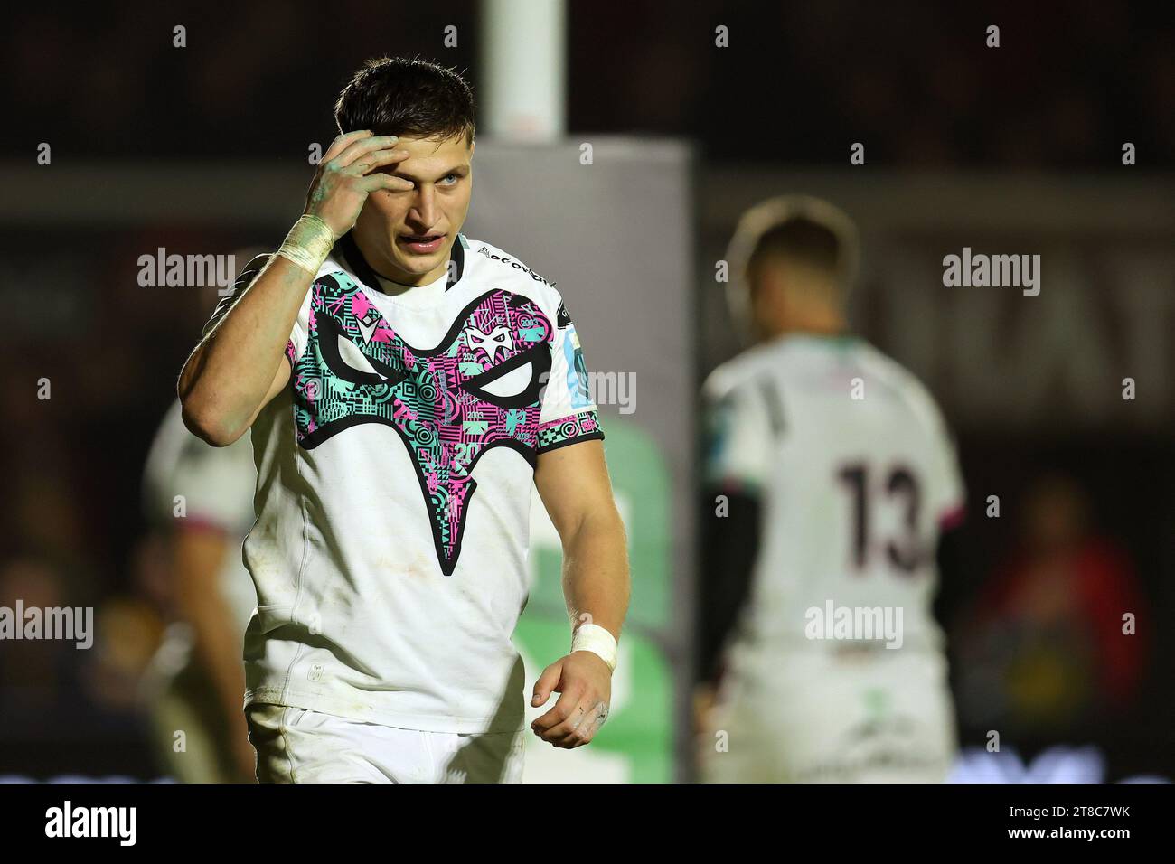 Newport, UK. 18th Nov, 2023. Max Nagy of the Ospreys looks on. United ...