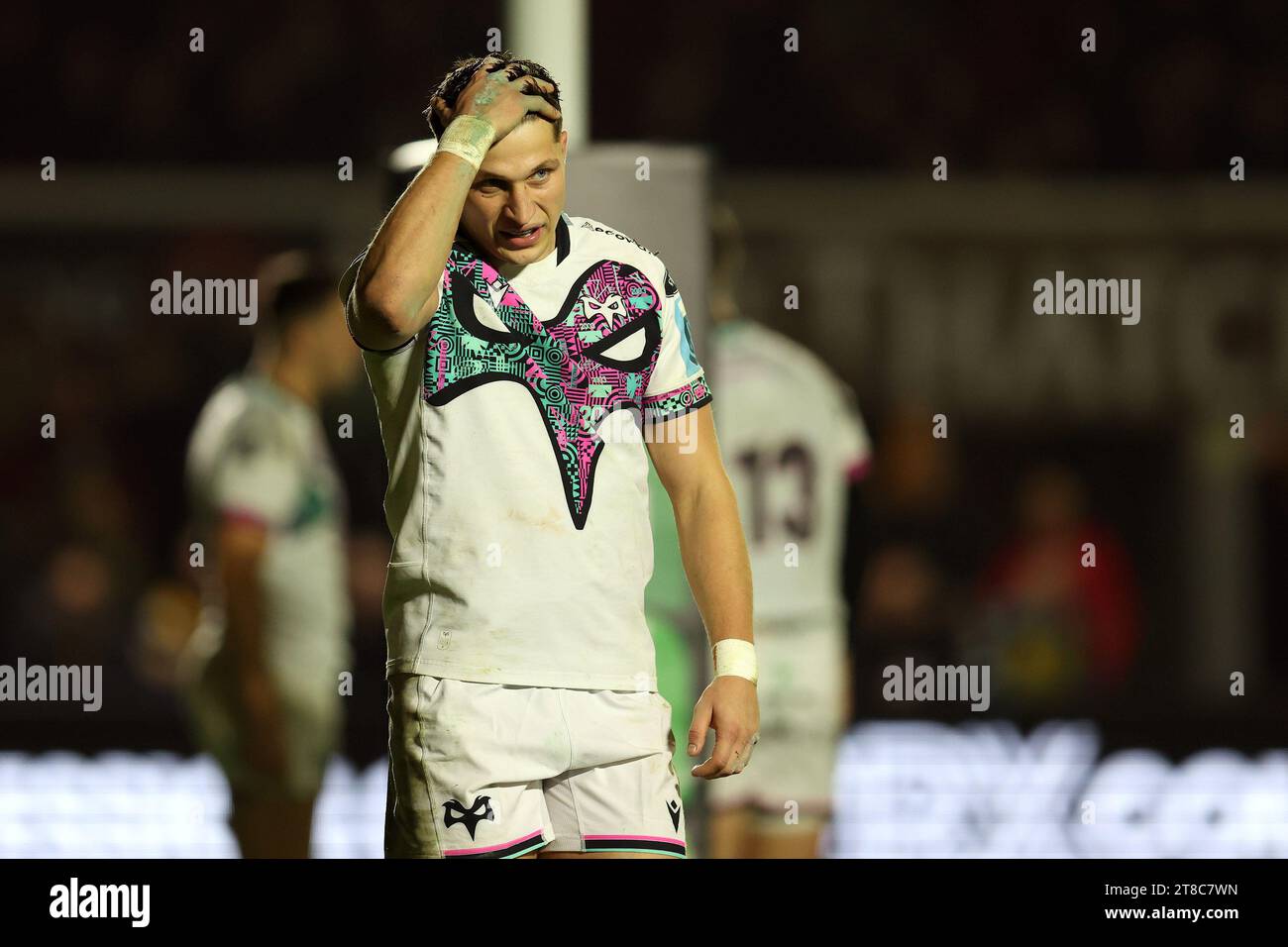 Newport, UK. 18th Nov, 2023. Max Nagy of the Ospreys looks on. United ...