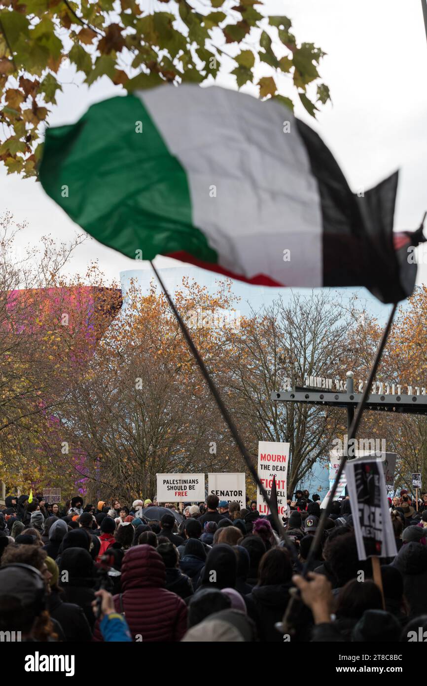 Seattle, USA. 19th Nov 2023. Several thousand protestors in the heart ...
