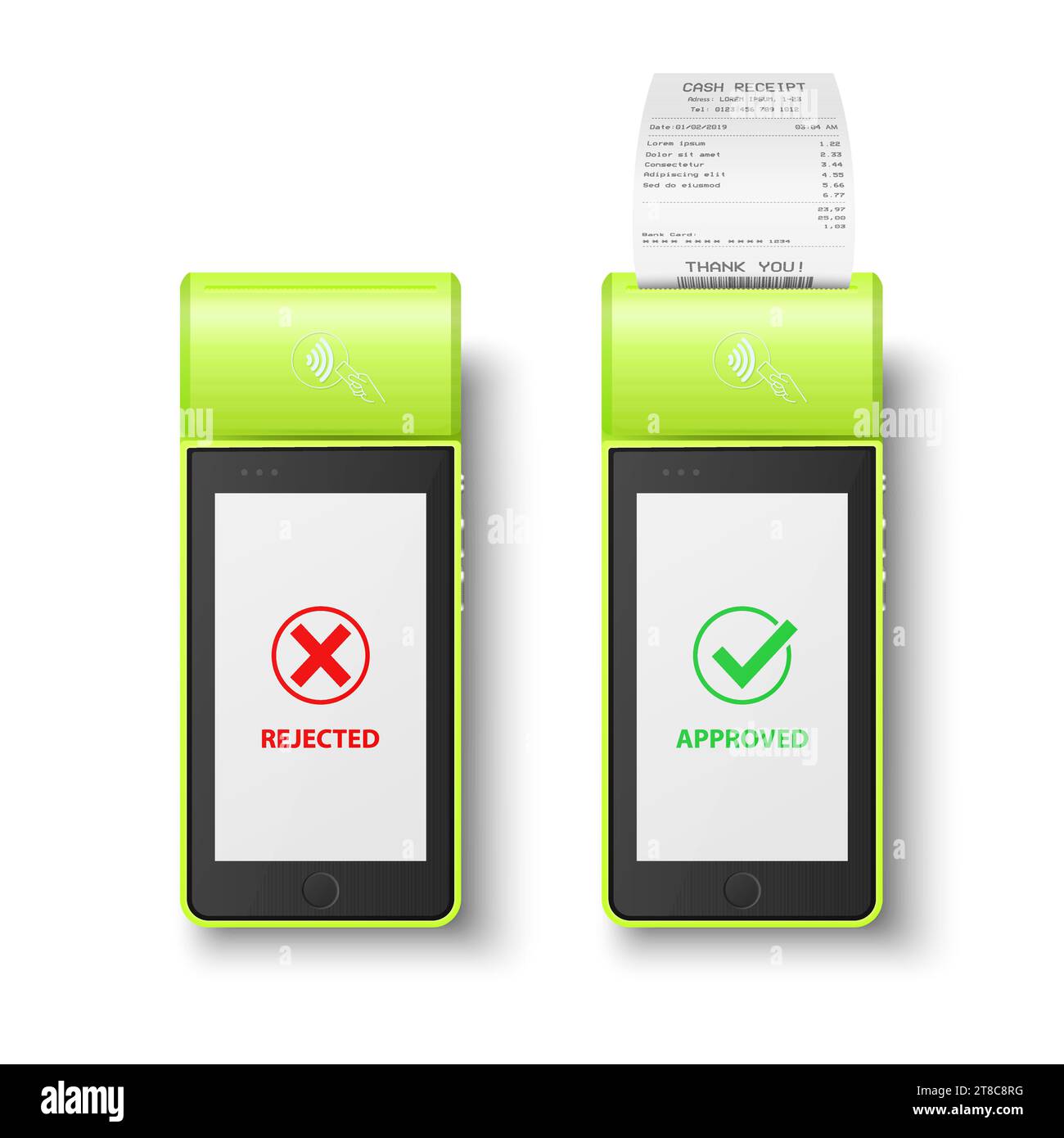 Vector 3d Green NFC Payment Machine with Rejected and Approved Status, Paper Cash Receipt, Bill ...