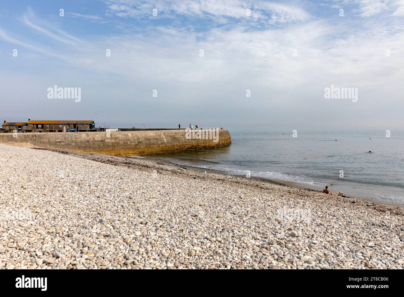 Lyme Regis Dorset Monmouth shingle beach and people on the Cobb harbour ...