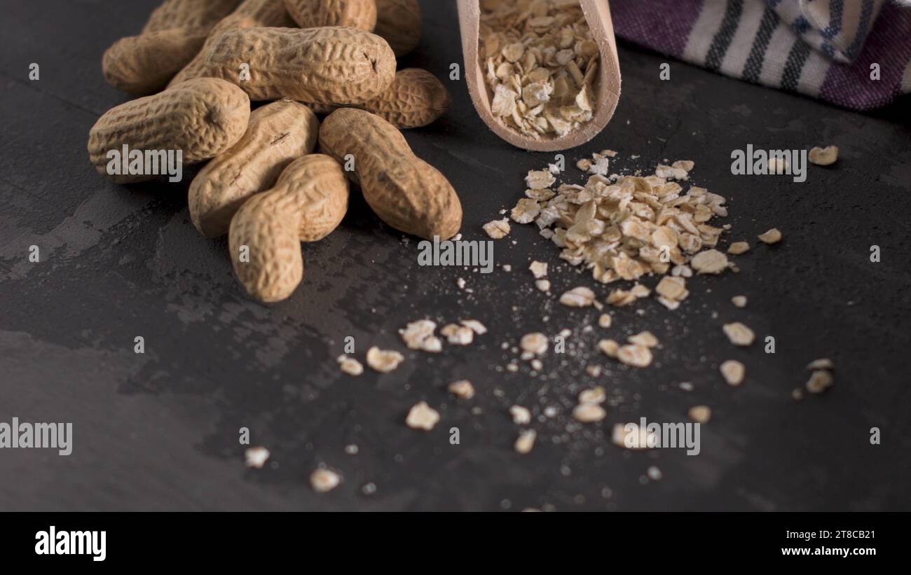 Homemade energy balls ingredients, peanuts and oat flakes Stock Photo ...