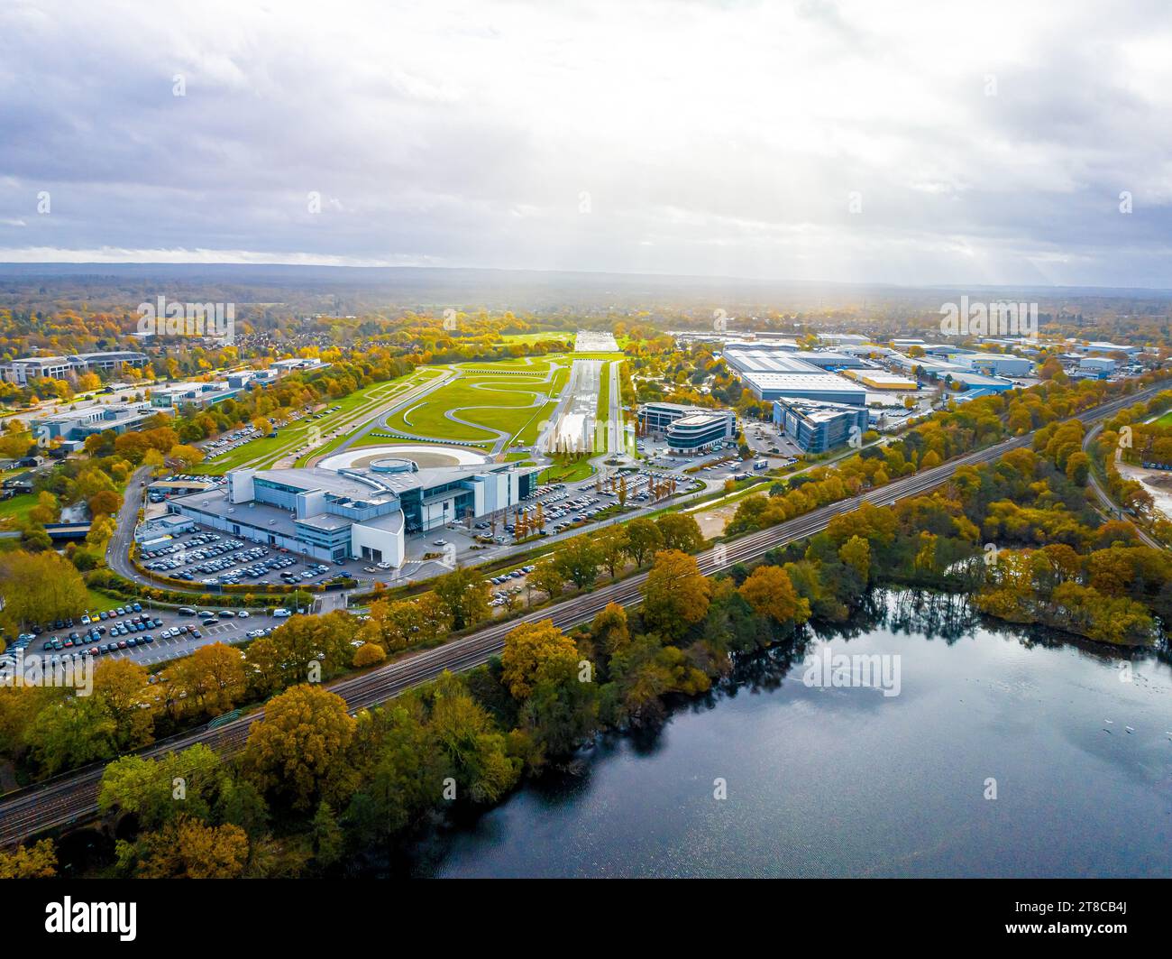 Aerial view of motor racing circuit and in Brooklands near Weybridge in ...