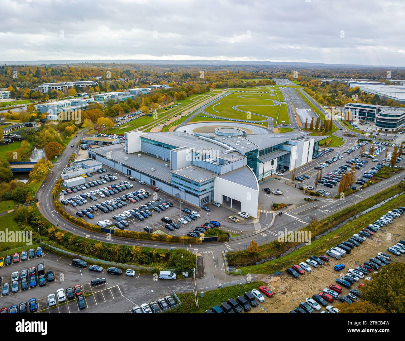Aerial view of motor racing circuit and in Brooklands near Weybridge in Surrey, England, UK ...
