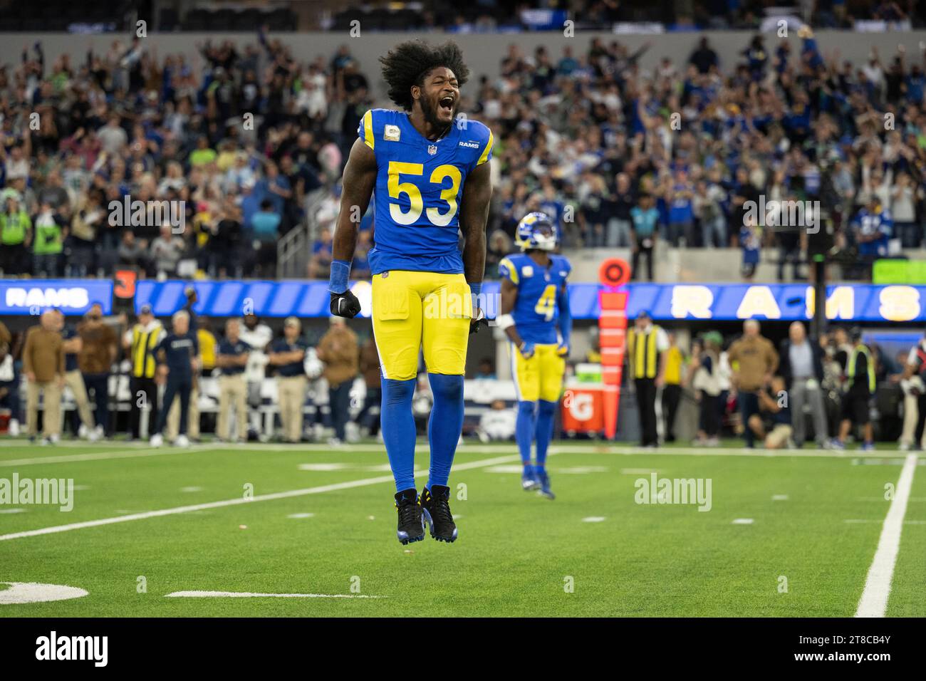 Los Angeles Rams linebacker Ernest Jones (53) reacts after the team's ...