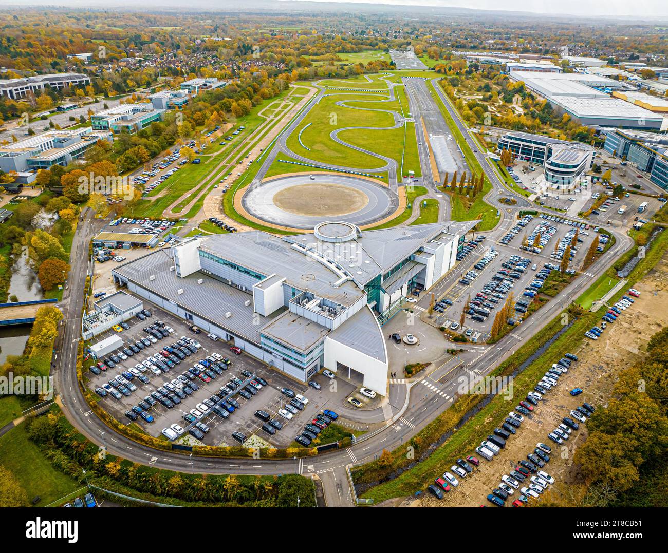 Aerial view of motor racing circuit and in Brooklands near Weybridge in Surrey, England, UK ...