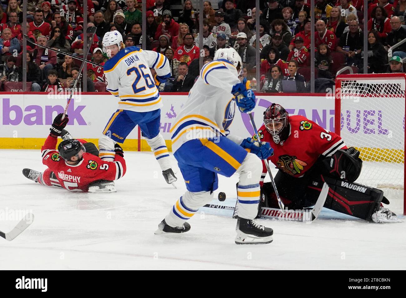 Chicago Blackhawks goaltender Petr Mrazek (34) makes a save on Buffalo ...