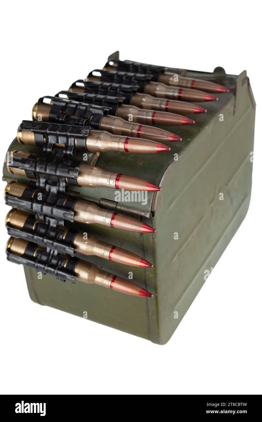 Ammo box with ammunition belt and .50 caliber (12.7mm) cartridges for ...