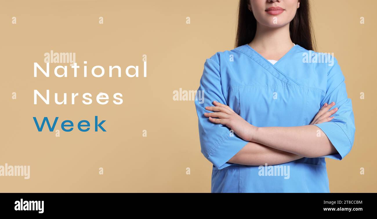 National Nurses Week. Nurse in medical uniform on beige background ...