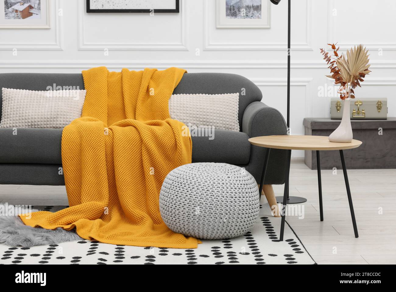 Stylish living room interior with comfortable sofa, blanket, side table ...