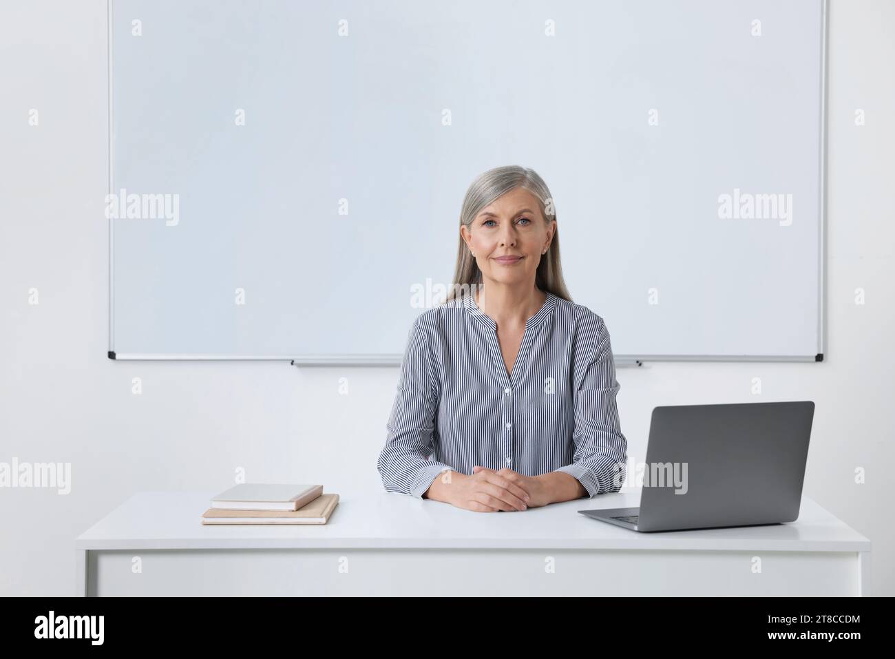 Professor sitting near laptop at desk in classroom, space for text ...