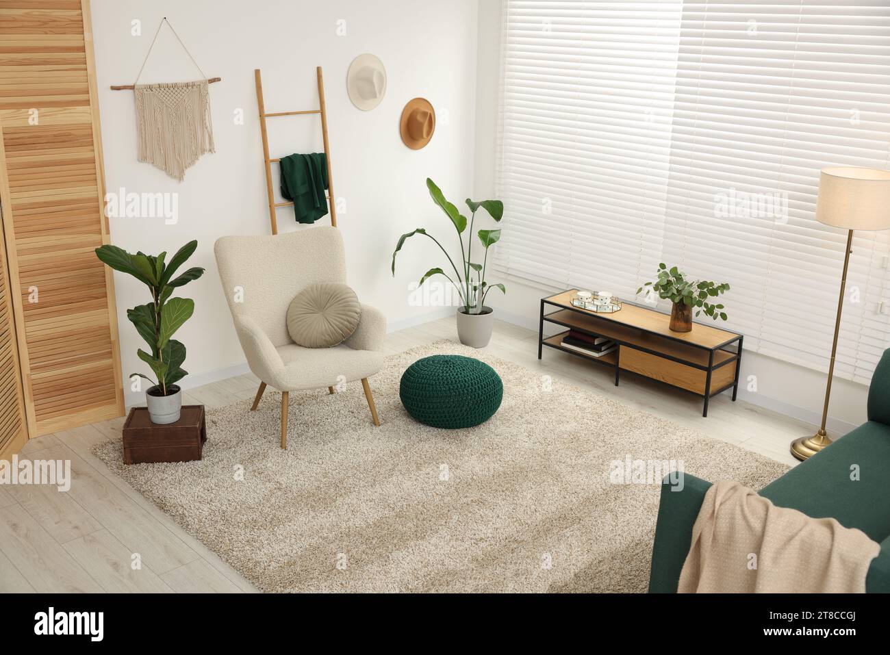 Stylish room interior with comfortable armchair, sofa and houseplants ...