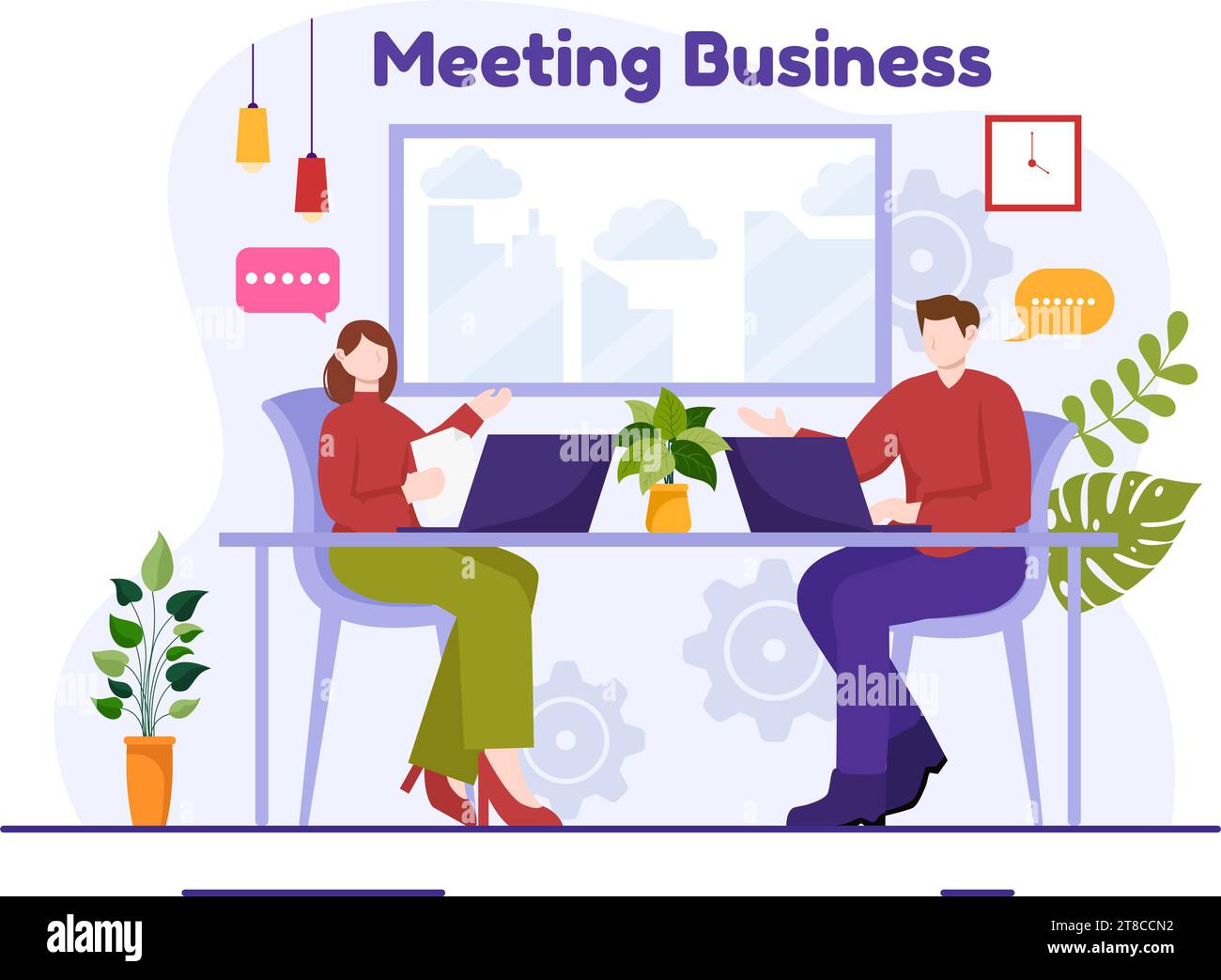 Business Meeting Vector Illustration with Businessman and Employees on ...