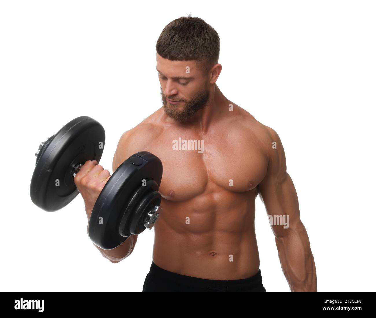 Young bodybuilder exercising with dumbbell on white background Stock ...