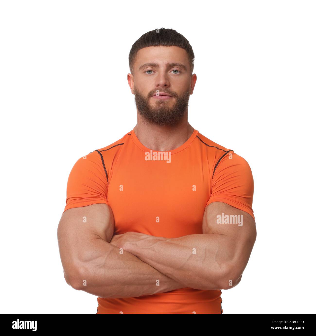 Young bodybuilder with muscular arms on white background Stock Photo ...