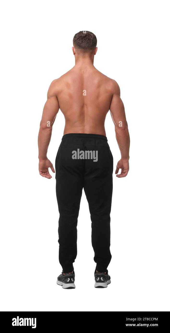 Young bodybuilder with muscular body on white background, back view ...