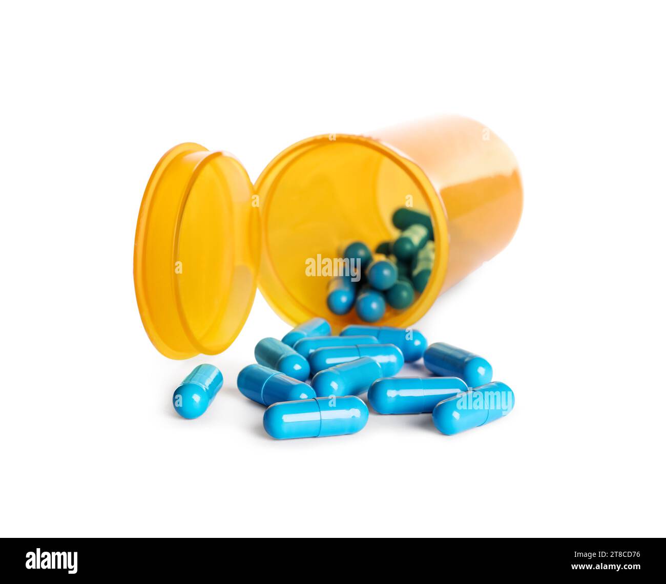 Plastic container with many light blue pills isolated on white Stock ...