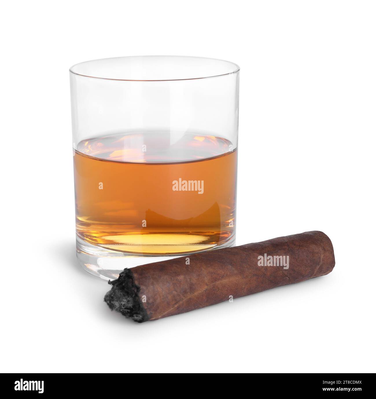 Glass of whiskey and burnt cigar isolated on white Stock Photo - Alamy