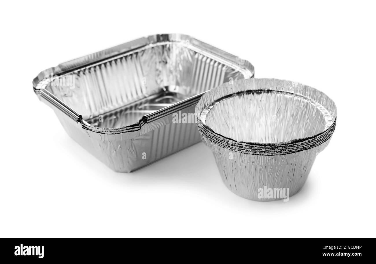 Many different aluminum foil containers isolated on white Stock Photo ...