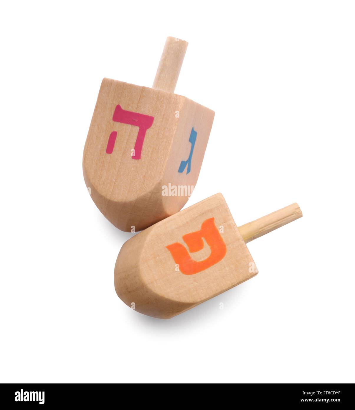 Wooden dreidels isolated on white, top view. Traditional Hanukkah game ...