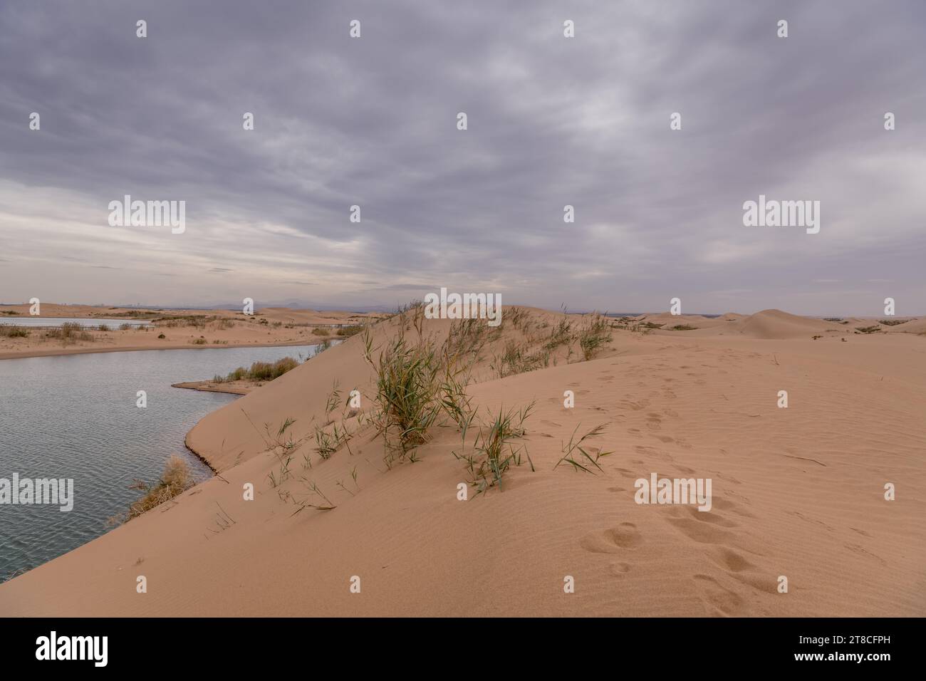 Desert vastness next to lake in Wuhai, Inner Mongolia, China. Dramatic ...