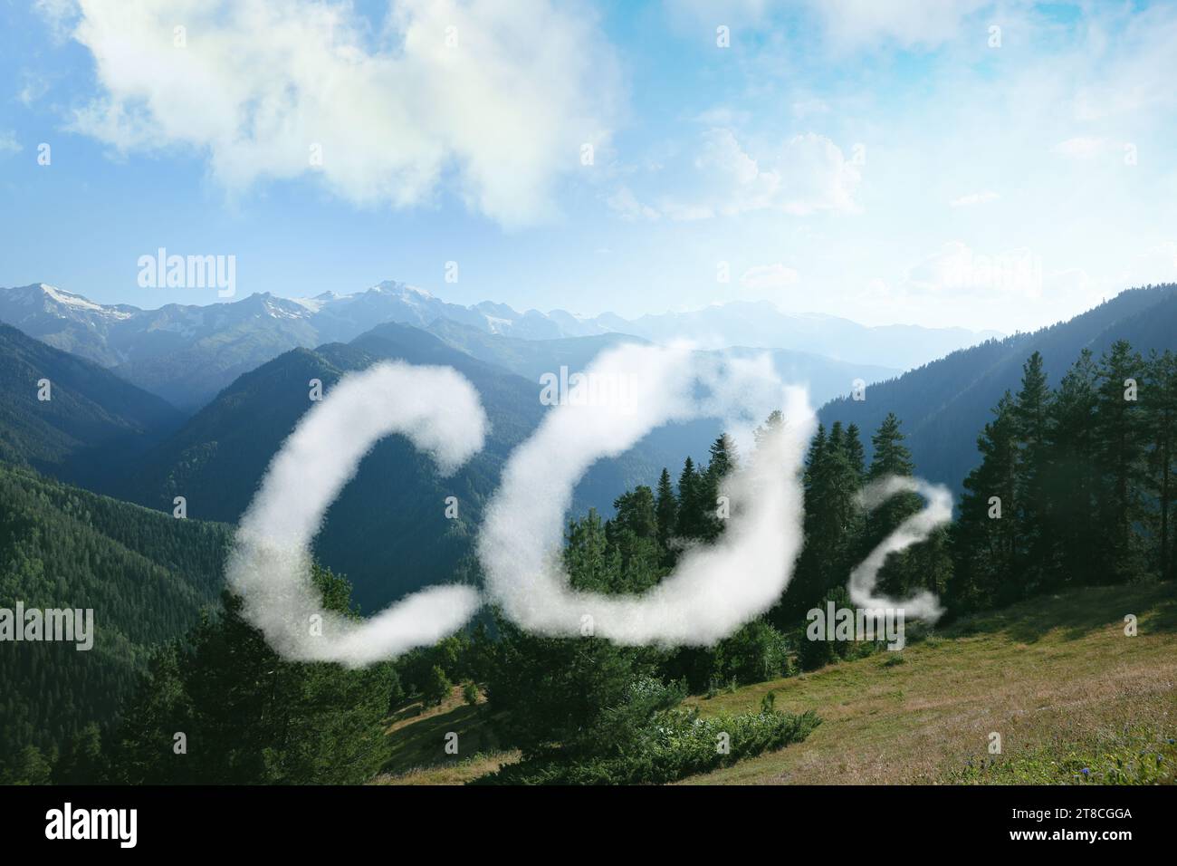 Concept of clear air. CO2 inscription and beautiful mountain landscape ...