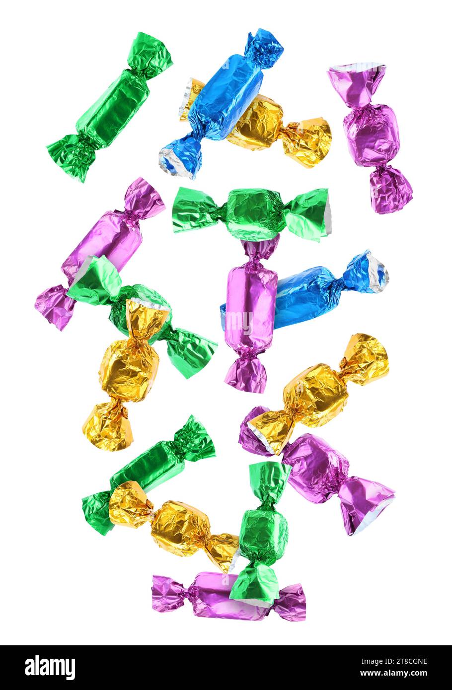 Tasty candies in bright wrappers falling on white background Stock ...