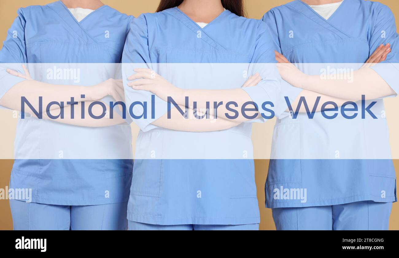 National Nurses Week. Nurses in medical uniforms on beige background ...