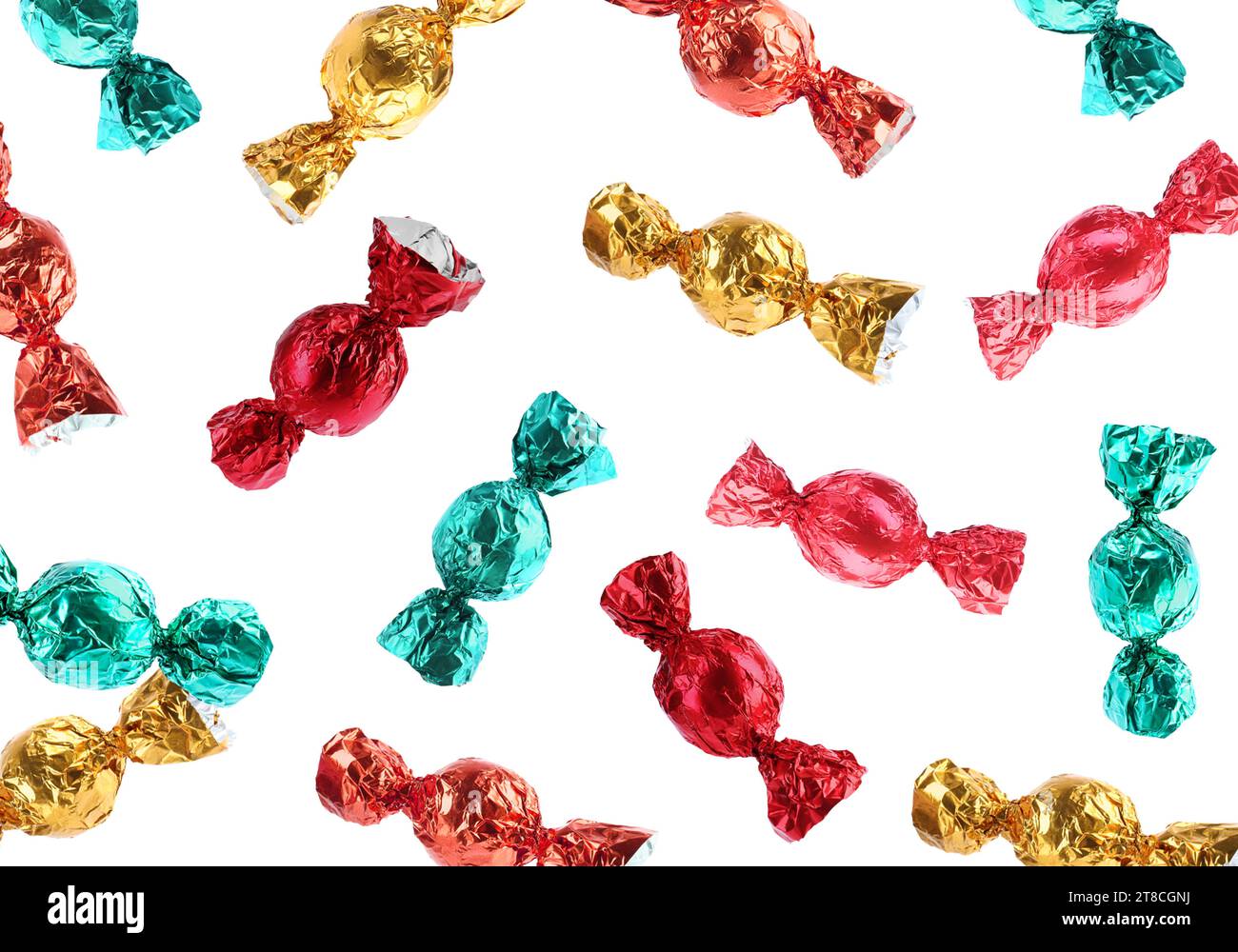 Tasty candies in bright wrappers falling on white background Stock ...