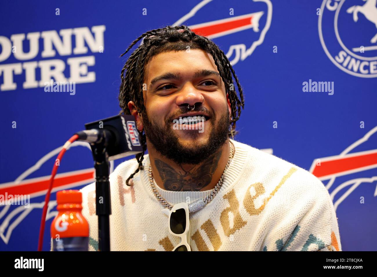 Buffalo Bills running back Ty Johnson meets with reporters after an NFL ...