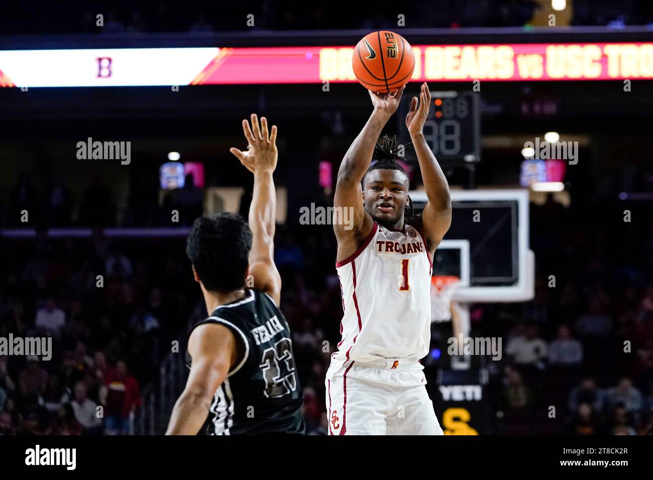 Southern California guard Isaiah Collier, right, shoots against Brown ...