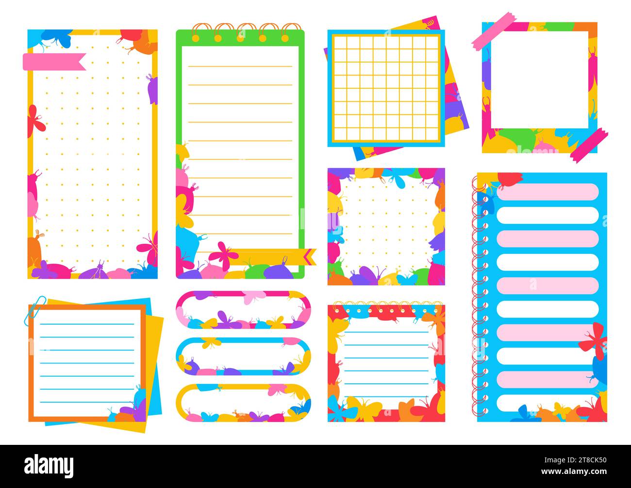 Notepaper page, bookmark and sticker set with butterfly. Stationery ...