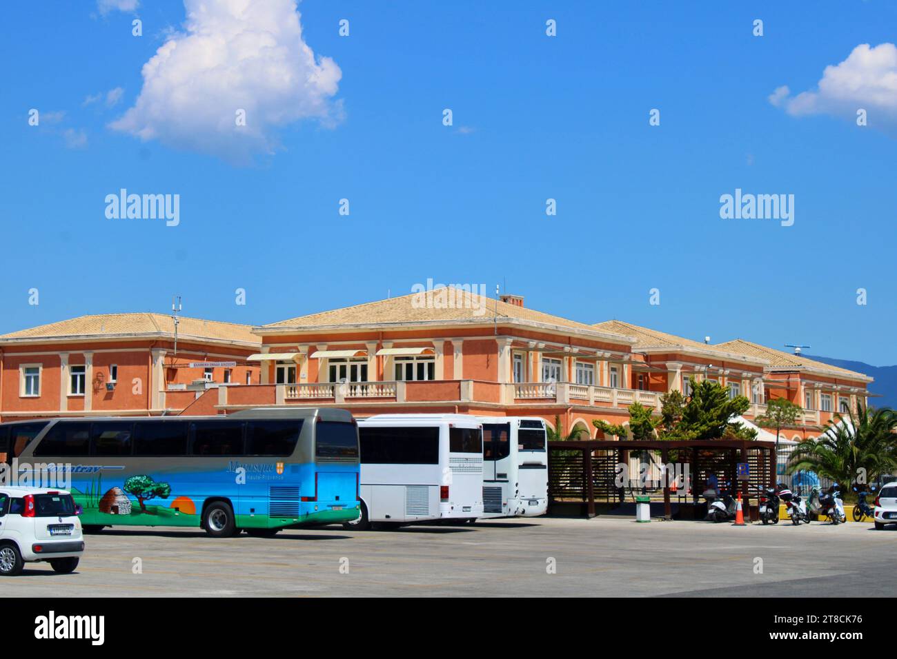 Tourist coaches outside Passenger Terminal at the Port of Corfu, Greece ...